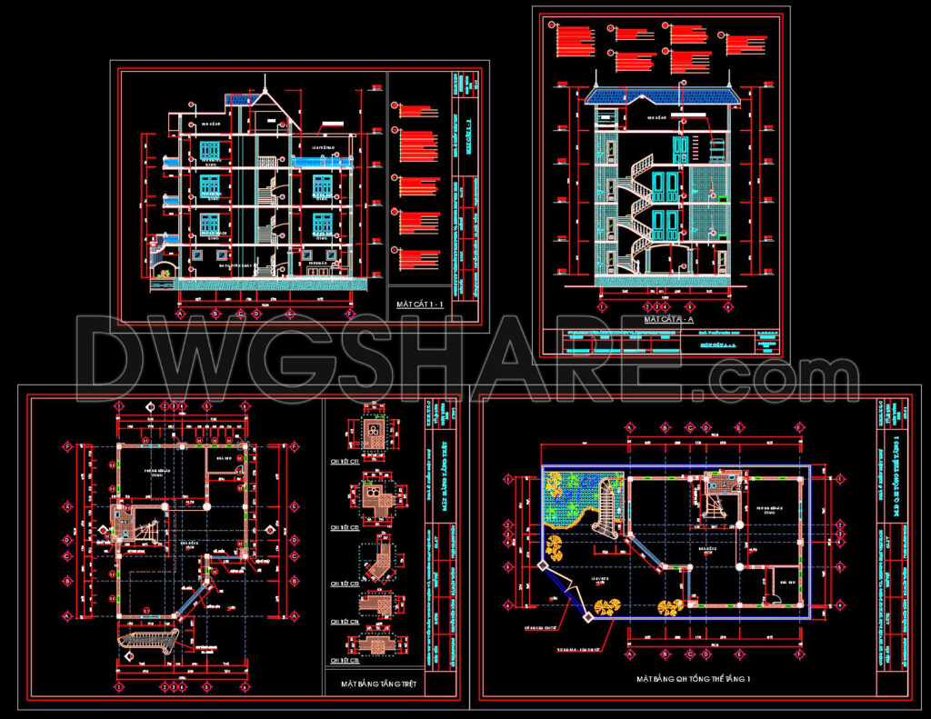 Autocad Drawing Of 4-Story House Plans, Elevations And Sections 10 ...
