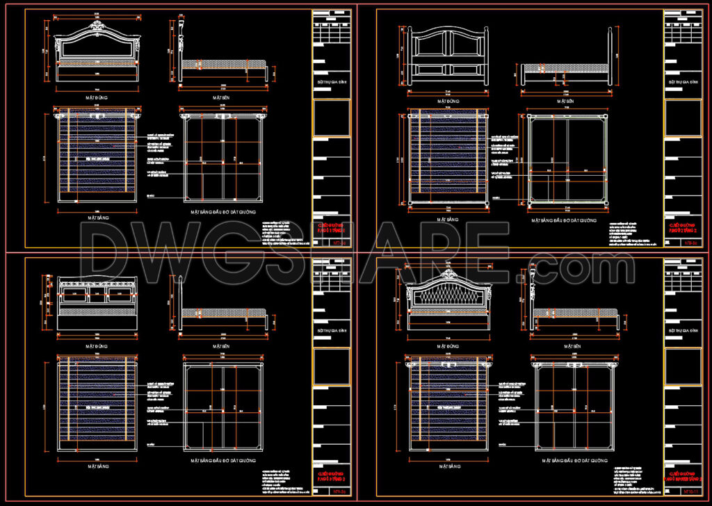 298. CAD drawings of the technical details of various types of beds