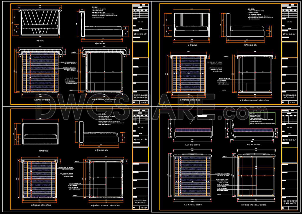 298. CAD drawings of the technical details of various types of beds