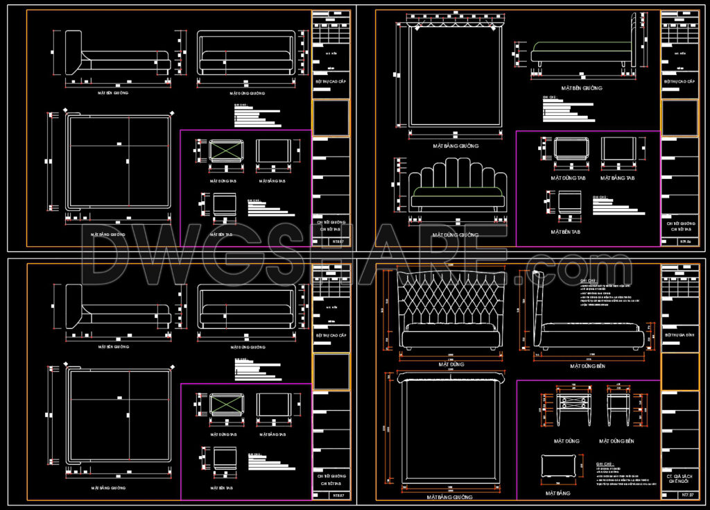 298. CAD drawings of the technical details of various types of beds