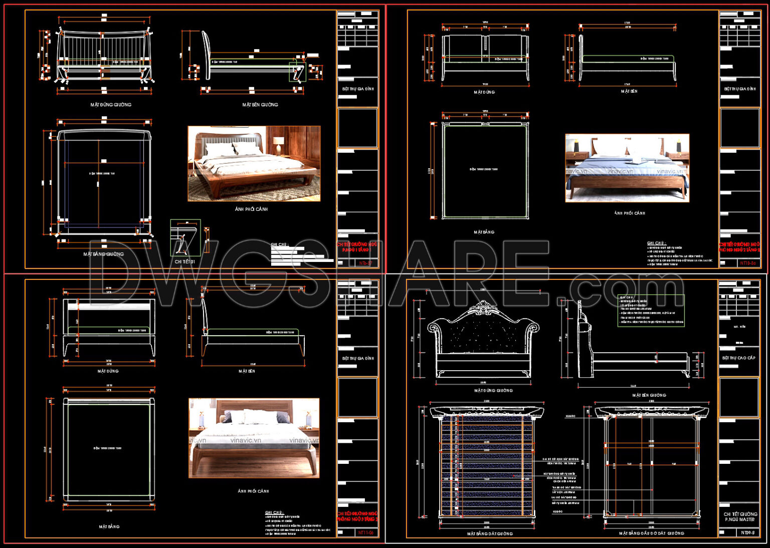 298. CAD drawings of the technical details of various types of beds