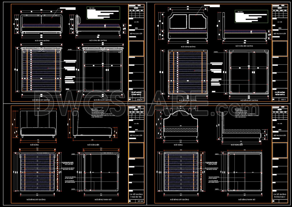 298. CAD drawings of the technical details of various types of beds